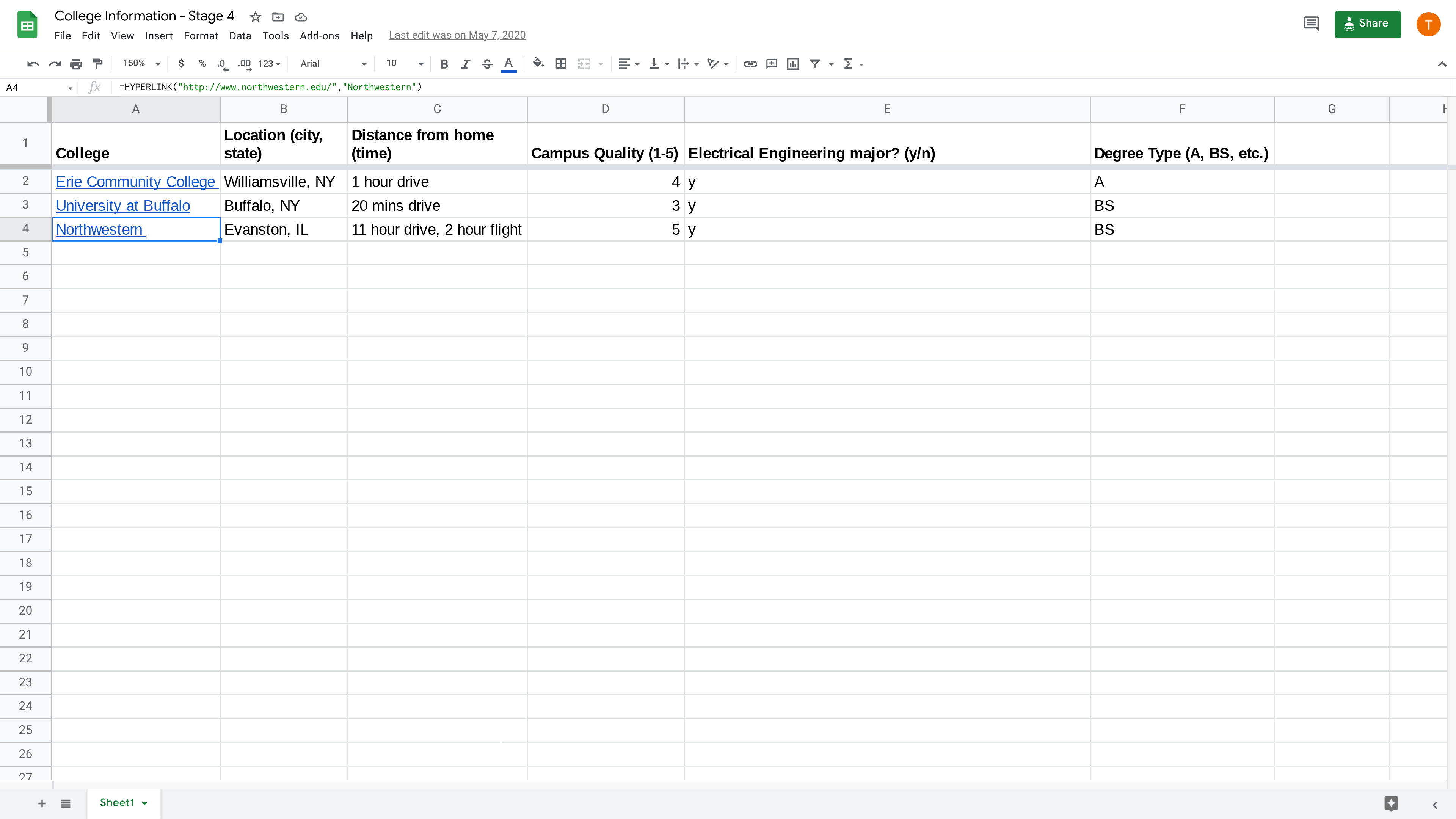 Organize College Information In Google Sheets Applied Digital Skills